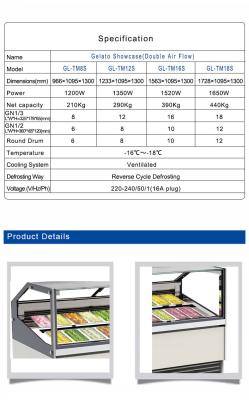 China GLEAD GL-ML 18S Gelato Freezer Display Case 1728mm Ventilated Cooling Reverse Cycle Defrost for sale