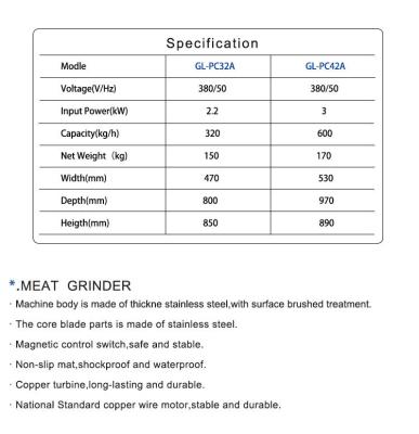 China Glead 320kg/h Commercial Meat Grinder 2200W Stainless Steel Copper Turbine Chain Drive for sale