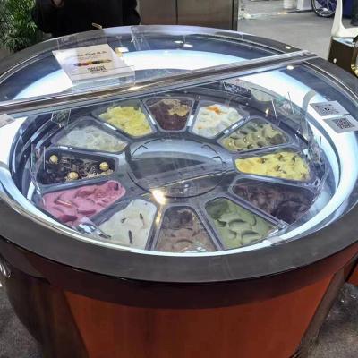 China Commercial Rotary Color Gelato Display Freezer Round Ice Cream Dipping Cabinet Ice Cream Showcase for sale