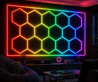 China 2026 New 14Hexagon RGB APP Control Honeycomb LED Ceiling Light 24V IP20 for Gym Salon Garage Bar Atmosphere Light CE Ready for sale