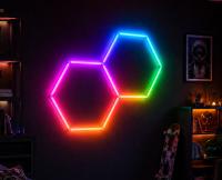 China RGB LED Hexagon Light Modular Ceiling Lighting System for Garage Gym Workshop Office Connectable Honeycomb LED Hex Light Panels for sale