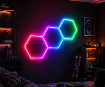 China RGB LED Hexagon Light Modular Ceiling Lighting System for Garage Gym Workshop Office Connectable Honeycomb LED Hex Light Panels for sale