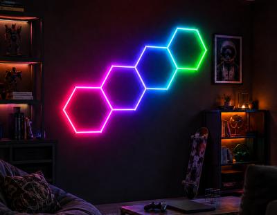 China RGB LED Hexagon Light Modular Ceiling Lighting System for Garage Gym Workshop Office Connectable Honeycomb LED Hex Light Panels for sale