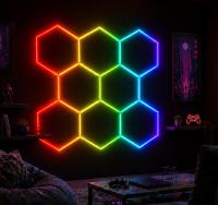 China RGB LED Hexagon Light Modular Ceiling Lighting System for Garage Gym Workshop Office Connectable Honeycomb LED Hex Light Panels for sale