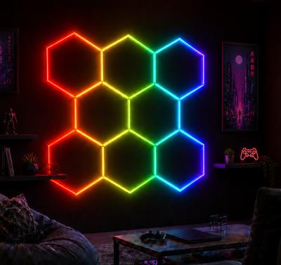 China RGB LED Hexagon Light Modular Ceiling Lighting System for Garage Gym Workshop Office Connectable Honeycomb LED Hex Light Panels for sale