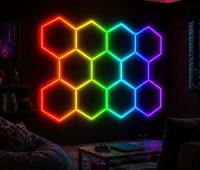 China RGB LED Hexagon Light Modular Ceiling Lighting System for Garage Gym Workshop Office Connectable Honeycomb LED Hex Light Panels for sale