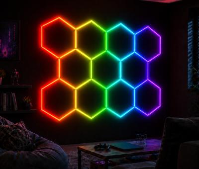 China RGB LED Hexagon Light Modular Ceiling Lighting System for Garage Gym Workshop Office Connectable Honeycomb LED Hex Light Panels for sale