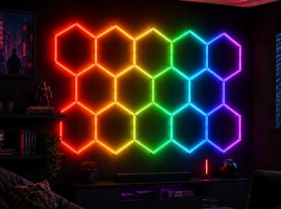 China RGB LED Hexagon Light Modular Ceiling Lighting System for Garage Gym Workshop Office Connectable Honeycomb LED Hex Light Panels for sale
