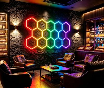 China RGB LED Hexagonal Light Modular Honeycomb Ceiling Panel System for Flexible Lighting in Garage Gym Workshop and Office for sale