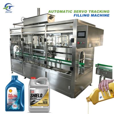 China 6 Nozzeles 4000BPH Servopump Automatic Lube Engine Oil Bottle Tracking Viscous Liquid Filling Machine with Conveyor for sale