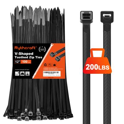 China Heavy Duty V Shaped Zip Ties 12 Inch 200 LBS Tensile Strength Durable Adjustable Nylon Tie Wraps for sale