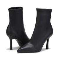 China Women's Black Leather Boots 9cm Heel Sheepskin Lined Self Counter Heel Cover for sale