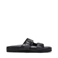China Women's Leather Black Flat Slide Sandals Open Toe Slip On Size 5-11 for sale