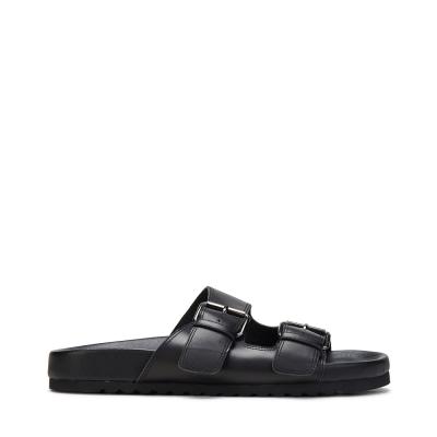 China Women's Leather Black Flat Slide Sandals Open Toe Slip On Size 5-11 for sale
