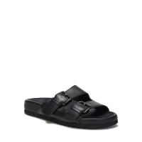 China Women's Leather Black Flat Slide Sandals Open Toe Slip On Size 5-11 for sale