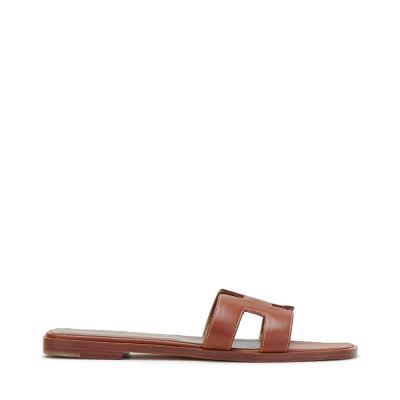 China Summer Brown Cow Leather Women's Flat Sandals H Hollow Upper Custom Size 5-11 for sale