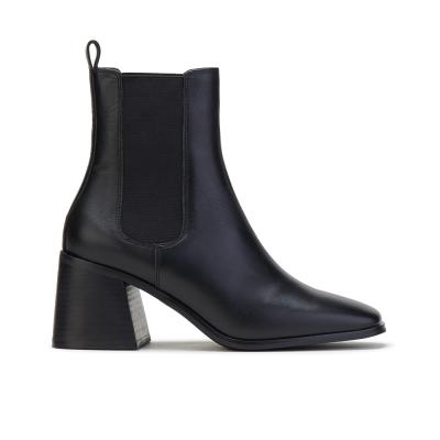 China Genuine Leather Slip-On Ankle Boots Women Elastic Side Panel 9CM Heel Square Toe for sale