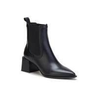 China Black Pointed Toe Ankle Boots Thick Heel Booties Slip-On Side Elastic Elastic Band for sale