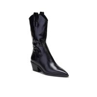 China Black Waxed Leather Below Knee Thick Heeled Boots 9CM Heel for Daily Wear for sale
