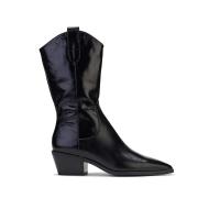 China Black Waxed Leather Below Knee Thick Heeled Boots 9CM Heel for Daily Wear for sale