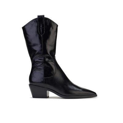 China Black Waxed Leather Below Knee Thick Heeled Boots 9CM Heel for Daily Wear for sale