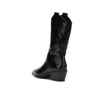 China Black Waxed Leather Below Knee Thick Heeled Boots 9CM Heel for Daily Wear for sale