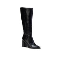 China Black Leather Thigh High Boots 9CM Chunky Heel Knee High Boots for Women for sale