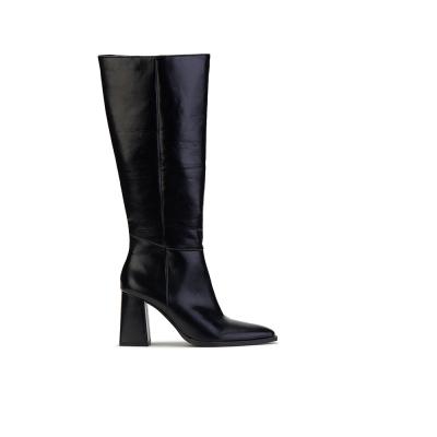 China Black Leather Thigh High Boots 9CM Chunky Heel Knee High Boots for Women for sale