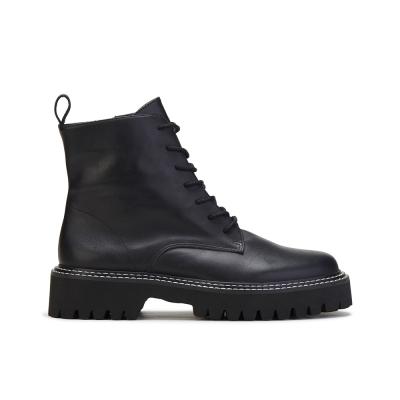 China Women's Ankle Motorcycle Boots Black Lace Up Square Toe 9cm Heel Platform for sale