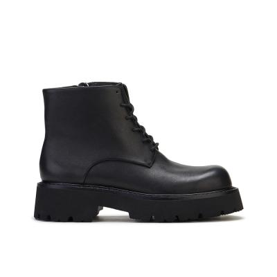China Women's Square Toe Ankle Boots Black Leather Lace Up 9CM Heel Motorcycle Platform Low Cut for sale