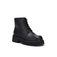 China Women's Square Toe Ankle Boots Black Leather Lace Up 9CM Heel Motorcycle Platform Low Cut for sale