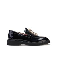 China Women's Black Patent Leather Loafers Round Toe 4cm Heel Dress Shoes for sale