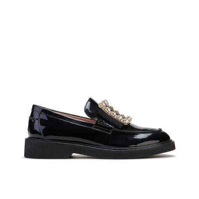 China Women's Black Patent Leather Loafers Round Toe 4cm Heel Dress Shoes for sale