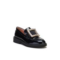 China Women's Black Patent Leather Loafers Round Toe 4cm Heel Dress Shoes for sale