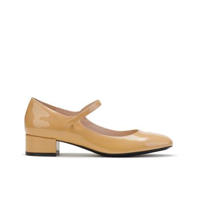 China Women Flat Ballerina Shoes Apricot Sheepskin Leather Round Toe 4cm Chunky Heel for sale