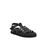 China Black Leather Flat Sandals Womens With One-Piece Upper Open-Toe for sale