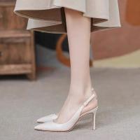 China Women's Chunky Heel Dress Shoes Apricot Leather Strap 9cm Heel for sale