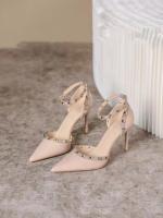 China Women's Chunky Heel Dress Shoes Apricot Leather Strap 9cm Heel for sale