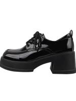 China Fashion Black Flat Loafer Shoes 4CM Heel Height Patent Cowhide Leather Square Toe for sale