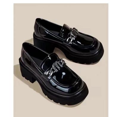 China Fashion Black Flat Loafer Shoes 4CM Heel Height Patent Cowhide Leather Square Toe for sale