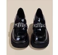China Fashion Black Flat Loafer Shoes 4CM Heel Height Patent Cowhide Leather Square Toe for sale