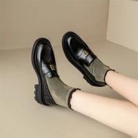 China Fashion Black Flat Loafer Shoes 4CM Heel Height Patent Cowhide Leather Square Toe for sale