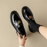 China Fashion Black Flat Loafer Shoes 4CM Heel Height Patent Cowhide Leather Square Toe for sale