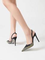 China Women's Chunky Heel Dress Shoes 7cm Strap Design Leather and Cloth Apricot for sale