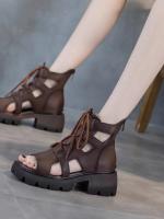 China Spring Autumn Black Ladies Roman Sandals Mid Calf Boot Height for sale
