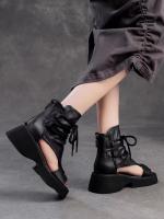 China Spring Autumn Black Ladies Roman Sandals Mid Calf Boot Height for sale