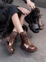 China Spring Autumn Black Ladies Roman Sandals Mid Calf Boot Height for sale