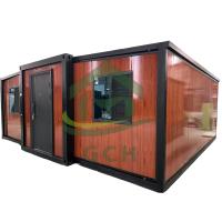 China 20ft Expandable Container Home 38.2sqm Red Wooden Color Black Frame Hydraulic Expansion System for sale