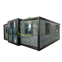 China Brick Color Wall Panel And Black Frame Expandable Container House With Kitchen And Wooden Floor for sale