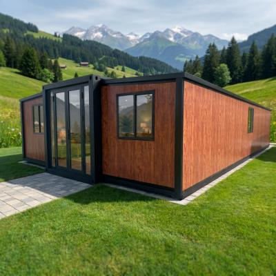 China 20ft Expandable Container Home 38.2sqm Red Wooden Color Black Frame Hydraulic Expansion System for sale